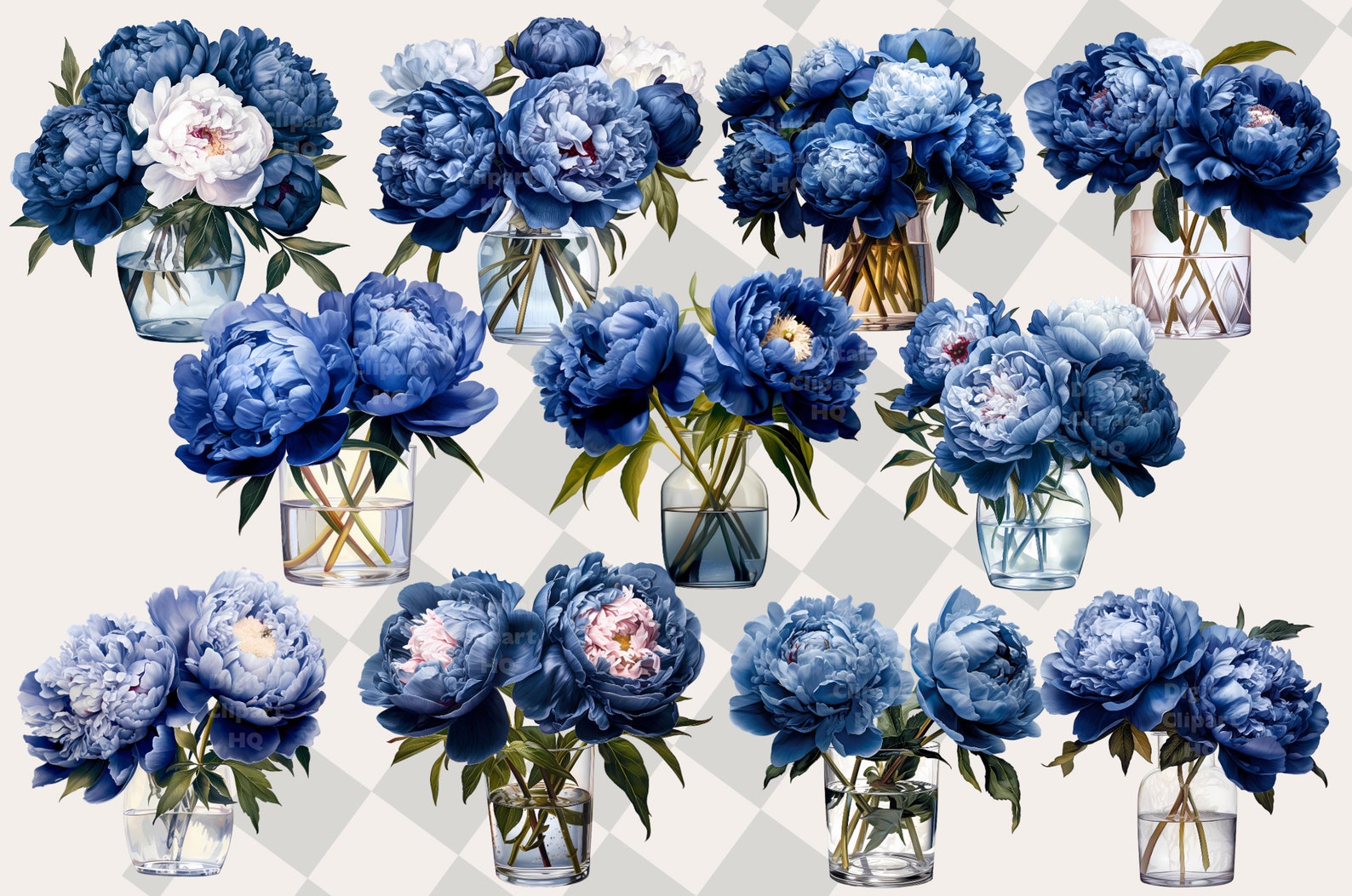 Blue Peony Clipart Bundle, Watercolor Peonies Clipart Graphics Set ...