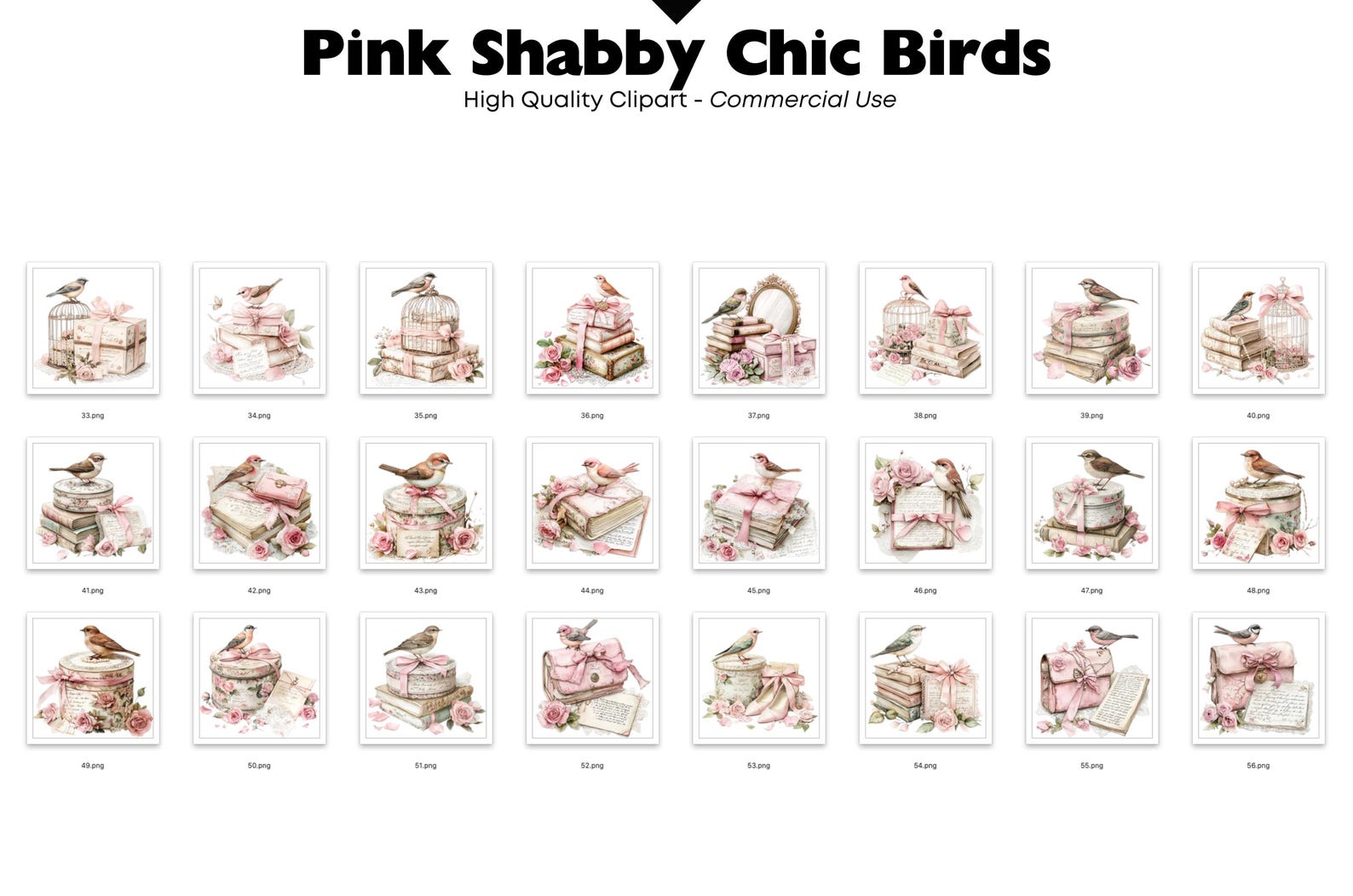 Pink Shabby Chic Birds Clip Art – 56 Romantic Watercolor PNG Bird ...