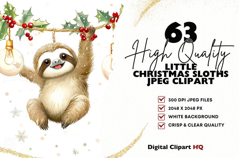 Christmas Sloth Clipart, Cute Holiday Sloth JPEG, Funny Christmas ...