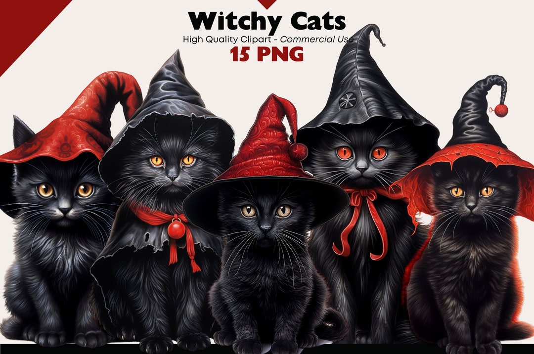 Witchy Cat Clip Art Bundle, Kitten PNG, Cat With Witches Hat, Gothic ...