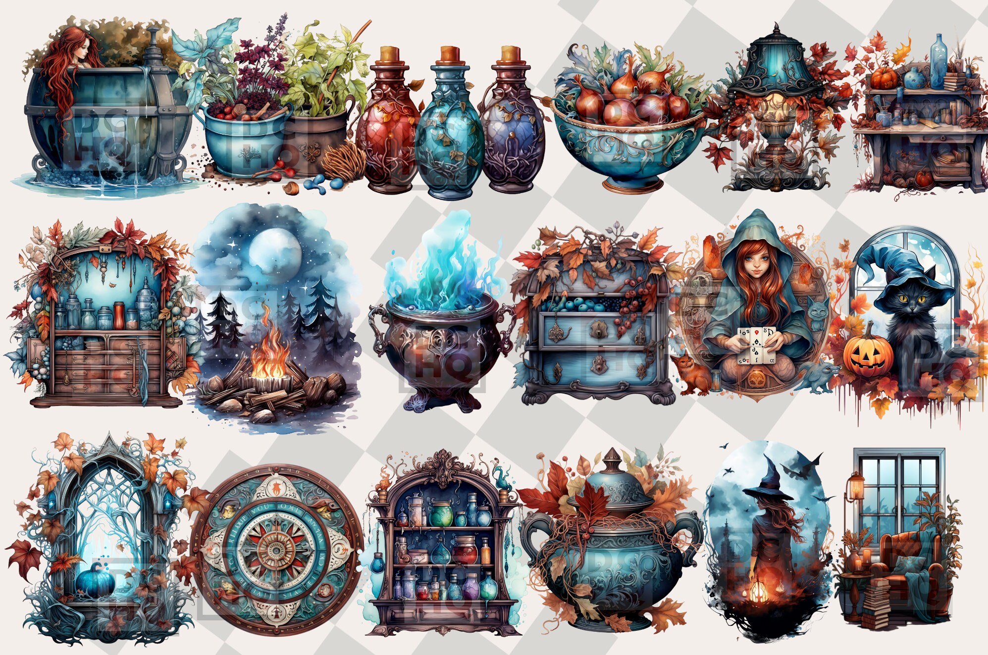 Whimsical Witch Clipart Bundle, Autumn Witches PNG, Mystical Watercolor ...