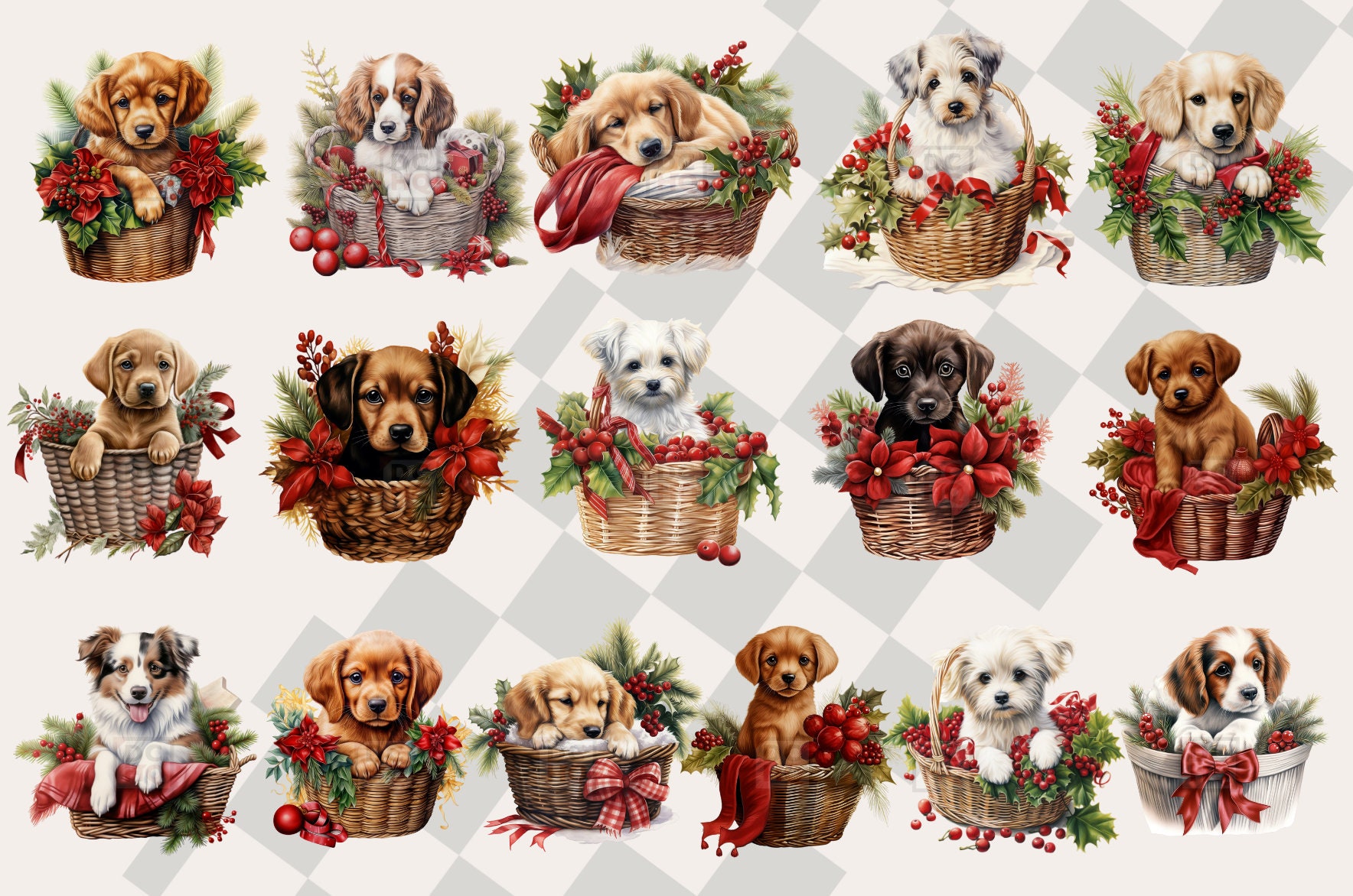 Christmas Puppy Clipart Bundle Dog in Basket Watercolor Cute - Etsy