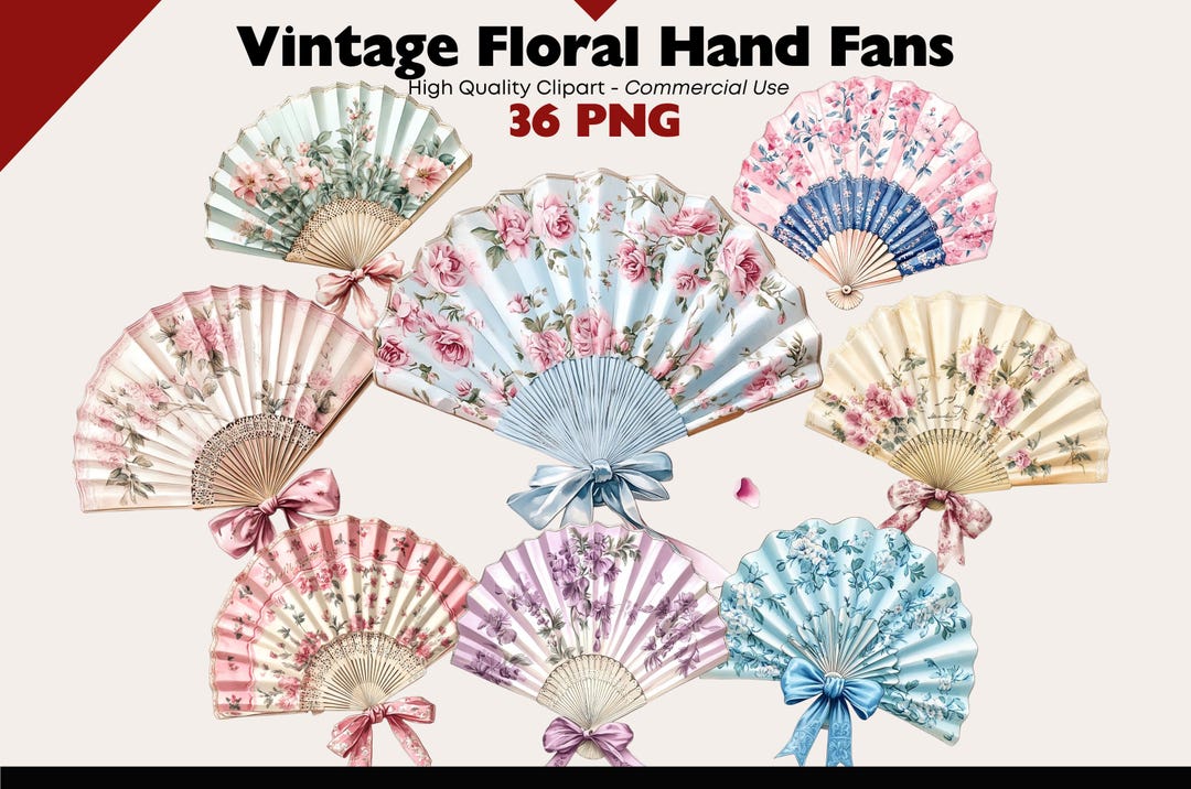 Floral Hand Fan Clipart – 36 PNG Vintage Fans With Bows and Flowers for ...