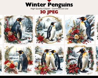 Winter Penguins JPEG Clipart Watercolor Arctic Scene Christmas Wildlife ...