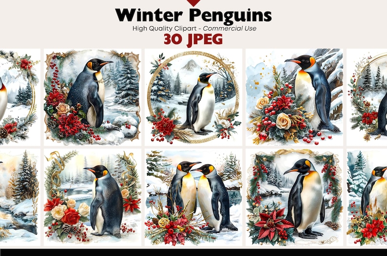 Winter Penguins JPEG Clipart Watercolor Arctic Scene Christmas Wildlife ...