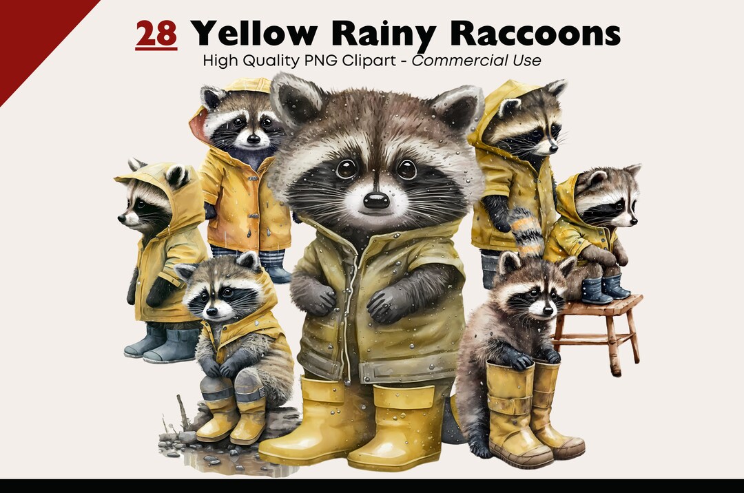 Rainy Raccoon Clipart Bundle, Yellow Raincoat Watercolor Clipart ...