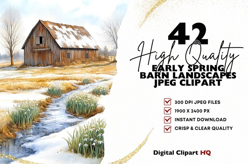 Early Spring Barn Landscapes Clipart JPEG, Farmhouse Spring Scenes ...