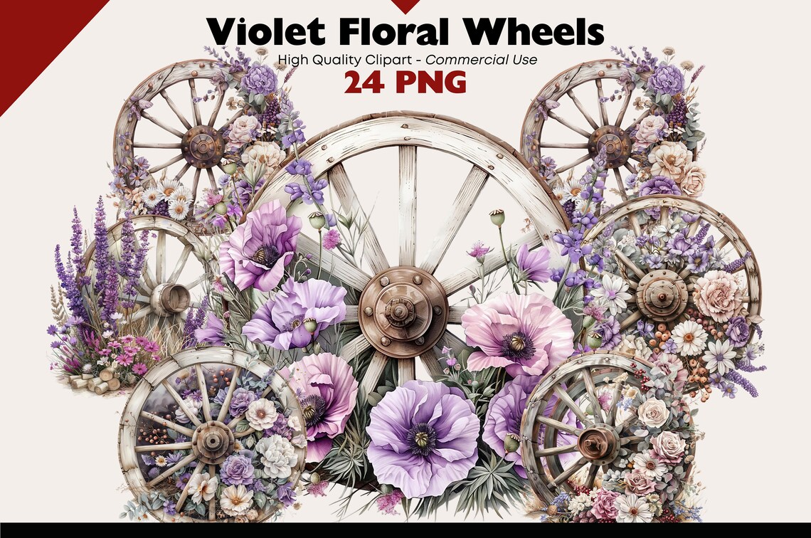 Violet Floral Wheels Clipart, Western Watercolor, Rustic Wheel PNG ...