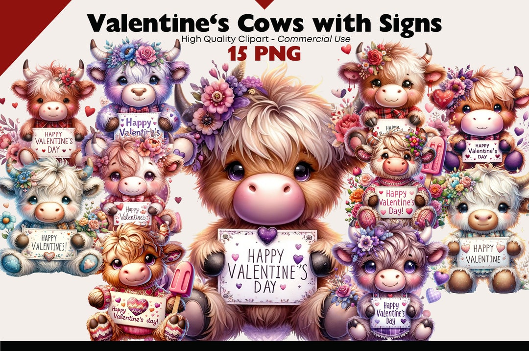 Valentine's Day Highland Cow Clipart Bundle, Cute Cows Watercolor, Cute ...