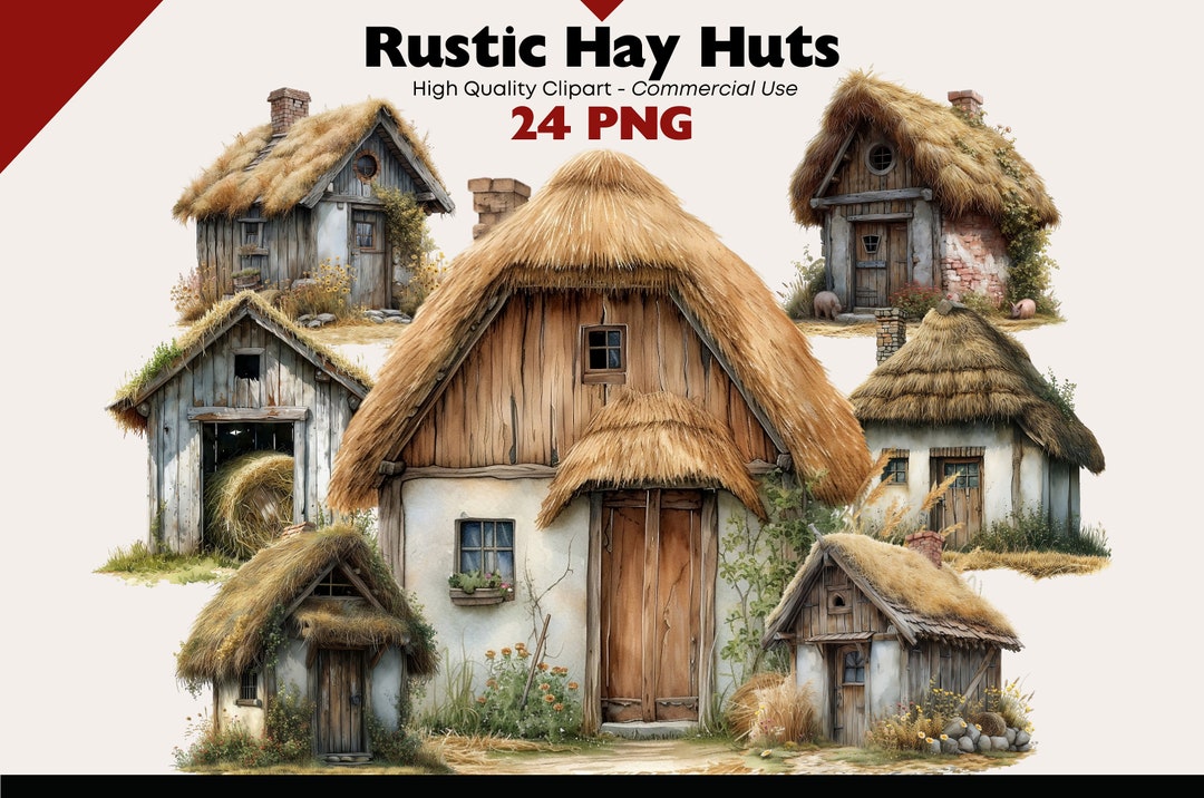 Rustic Hay Huts Clipart Bundle, Countryside Hay House Watercolor, Rural ...
