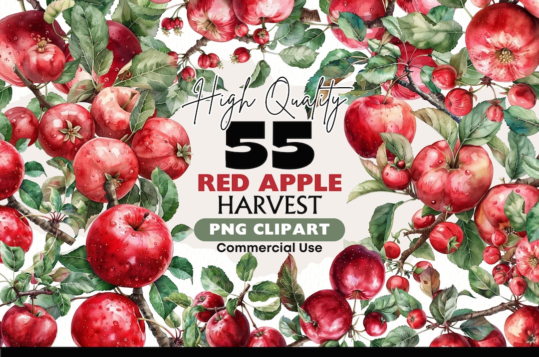 Red Apple Clipart Bundle Watercolor Countryside Graphics Digital ...