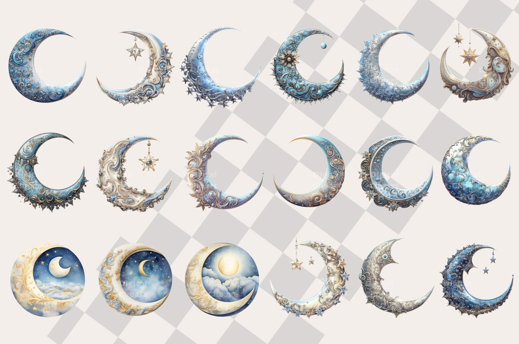 Blue Moon Clipart Set Whimsical Moon Wall Art Silver Moon - Etsy