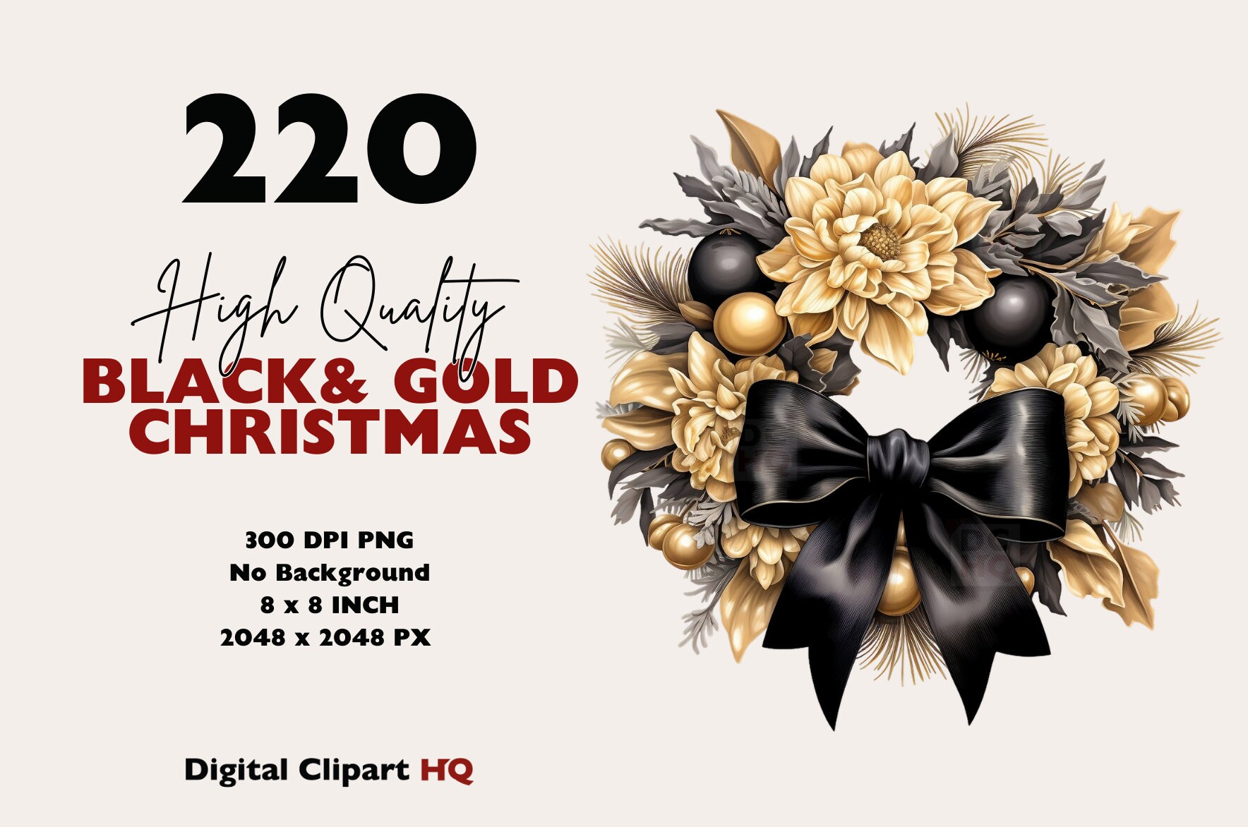 Black and Gold Christmas Clipart Bundle Watercolor Christmas PNG ...