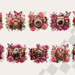 Vintage Camera Clipart Bundle, Pink Floral Camera Watercolor PNG, Retro ...