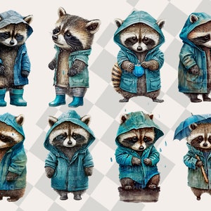 Rainy Raccoon Clipart Bundle, Blue Raincoat Raccoon Watercolor Clipart ...