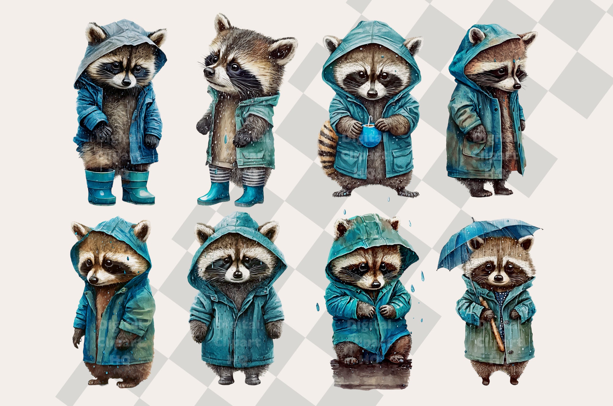 Rainy Raccoon Clipart Bundle Blue Raincoat Watercolor Clipart - Etsy