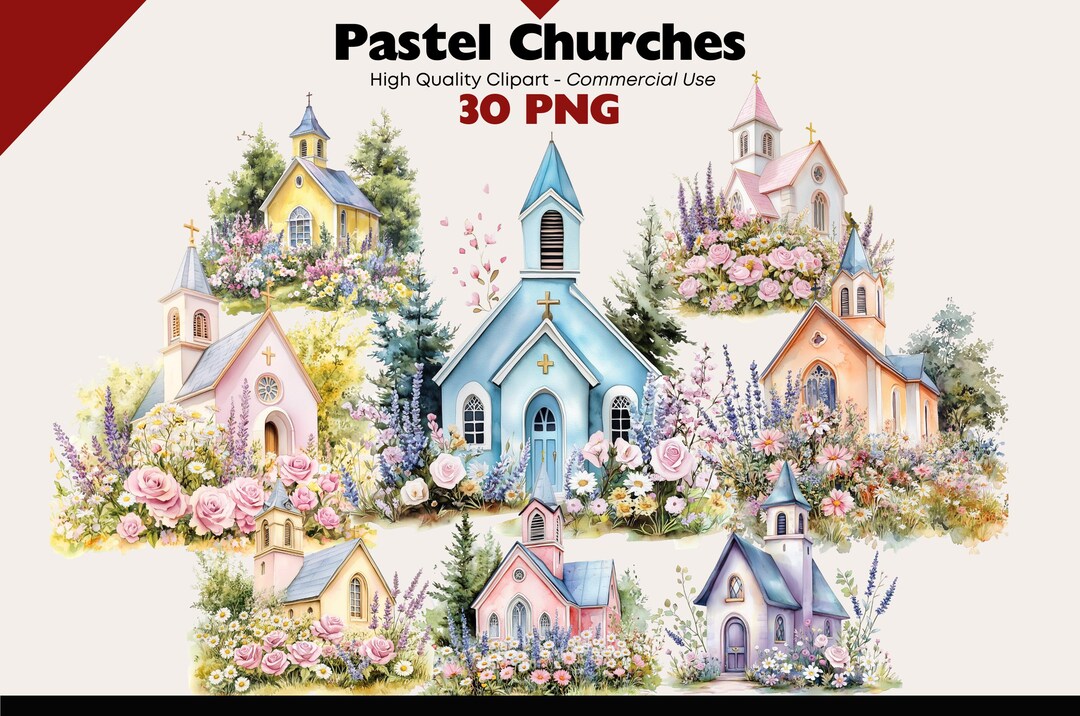 Pastel Churches Clipart PNG JPEG, Floral Christian Church Illustrations ...