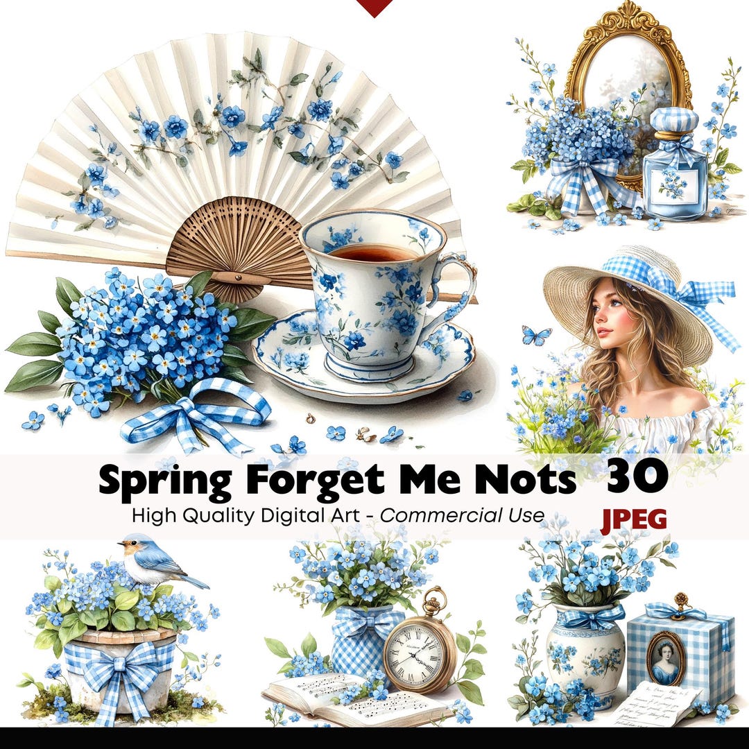 Vintage Spring Forget Me Not – Printable 30 JPEG Clipart (scenes , Blue ...