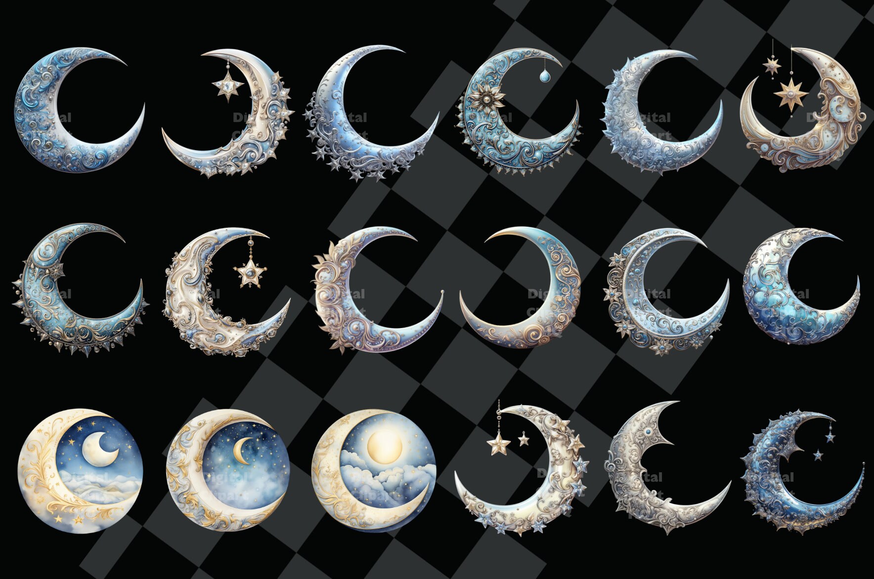 Blue Moon Clipart Set Whimsical Moon Wall Art Silver Moon - Etsy