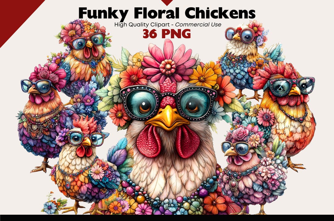 Funky Floral Chickens Clipart Bundle Watercolor Printable Farm Animals ...