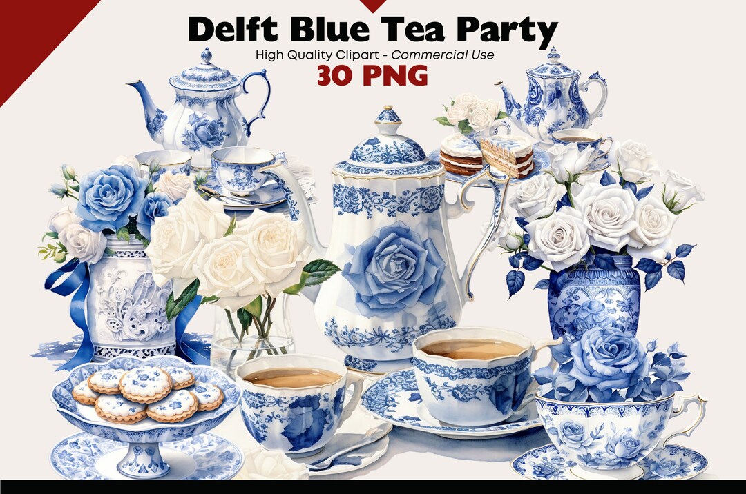 Delft Blue Tea Party Clipart Bundle, Watercolor Dutch Ceramic PNG ...