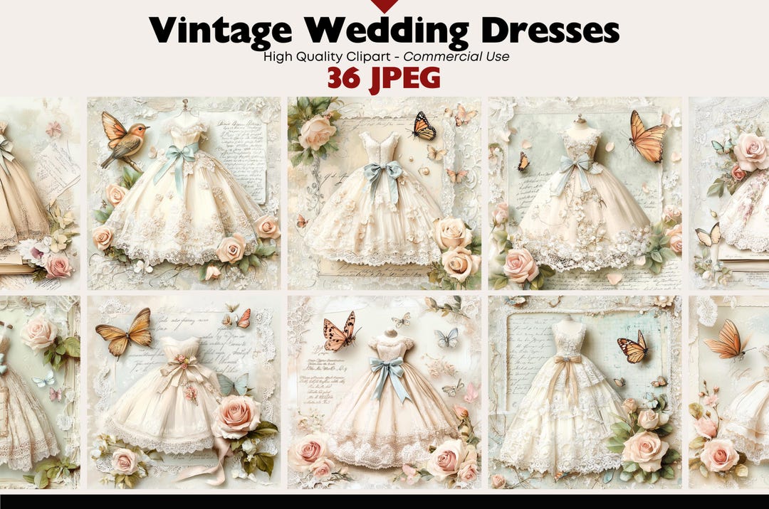 Vintage Wedding Clipart Bundle Beautiful Brides Dresses JPEG Graphics ...