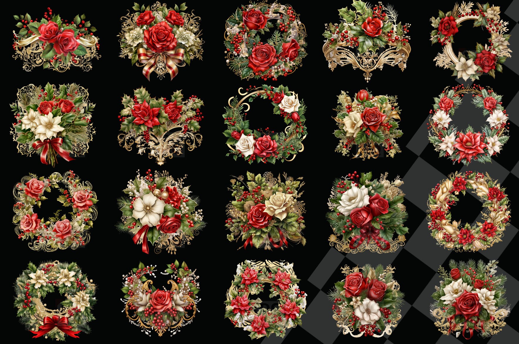 Vintage Christmas Floral Arrangements Clip Art Red and Gold - Etsy