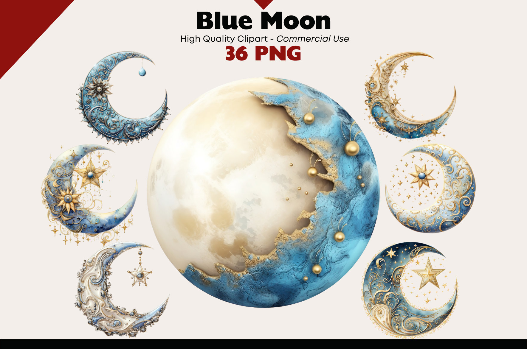 Blue Moon Clipart Set Whimsical Moon Wall Art Silver Moon - Etsy