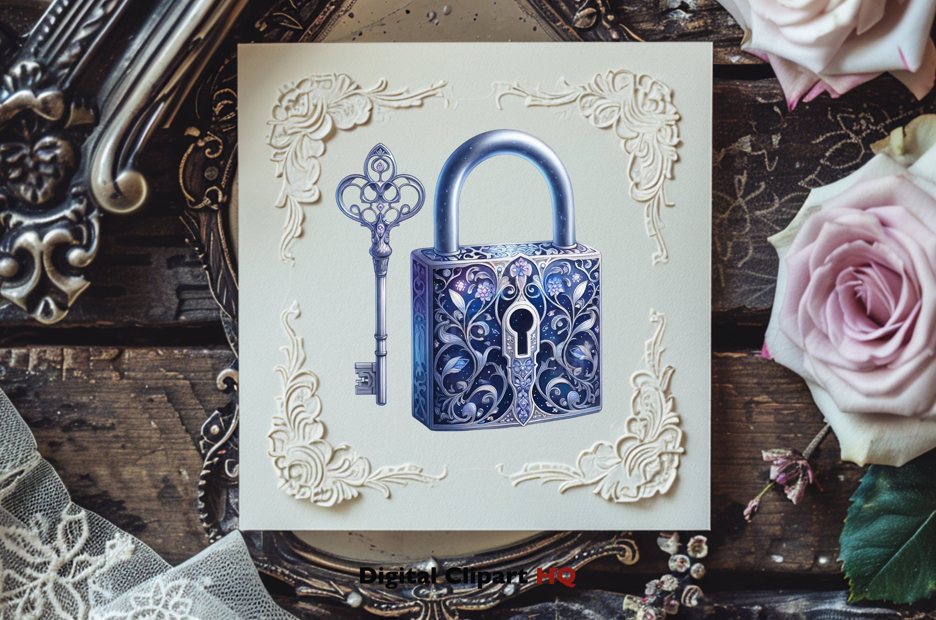 Vintage Padlock Clipart Bundle, Watercolor Lock and Key PNG, Victorian ...