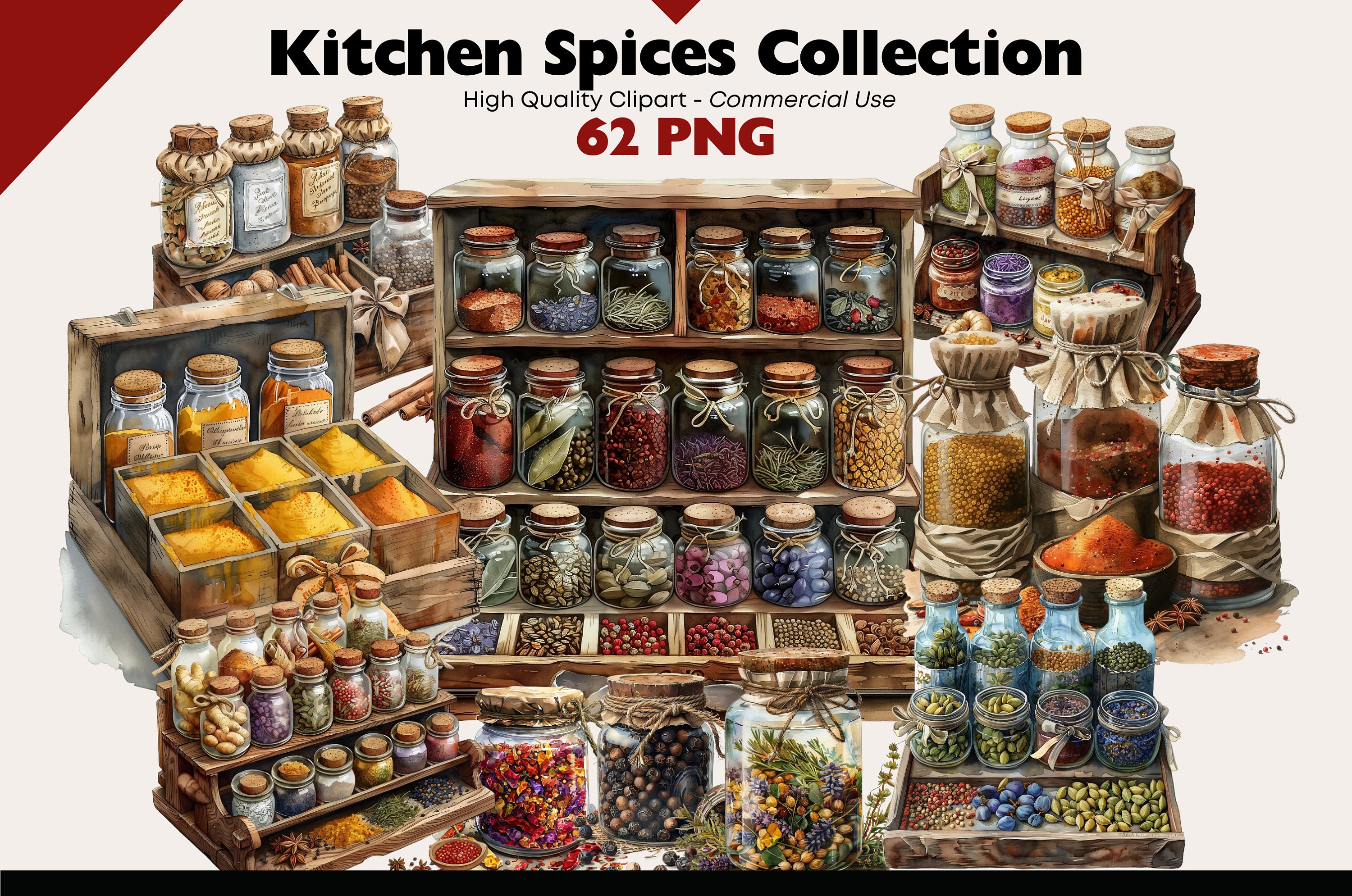 Kitchen Spices Clipart Bundle, Herbal Apothecary Watercolor, Fresh ...