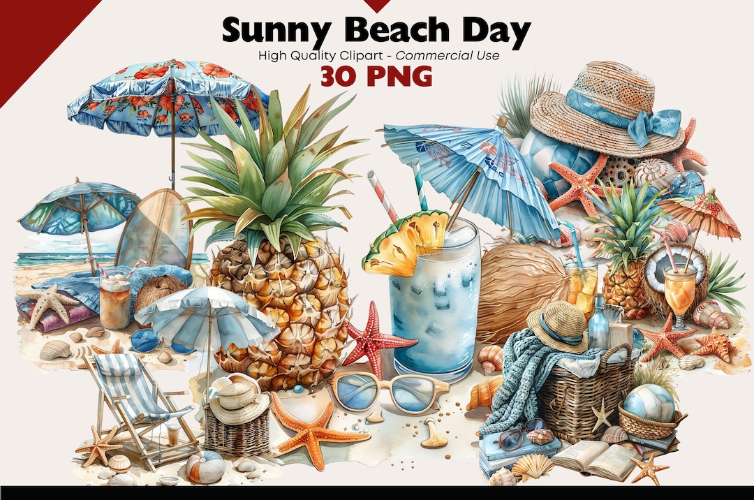 Sunny Beach Day Clipart Bundle Cute Beach Illustrations Watercolor ...