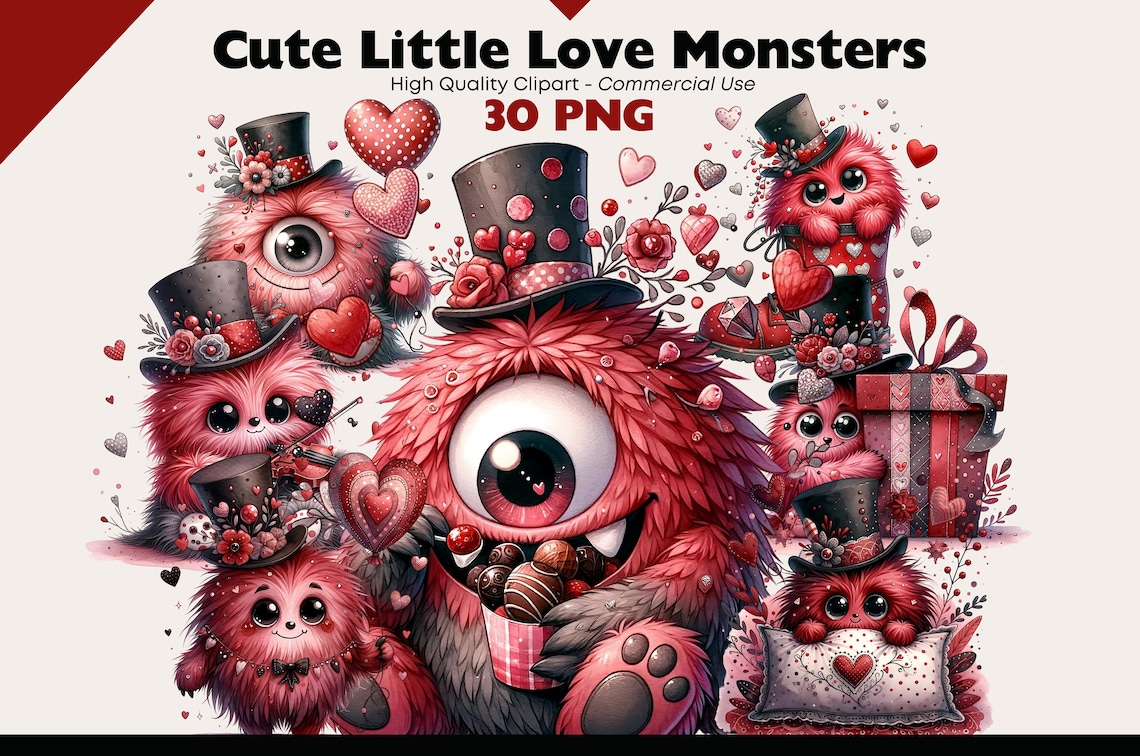 Love Monsters Clipart Bundle Cute Valentines Day Watercolor Graphics ...