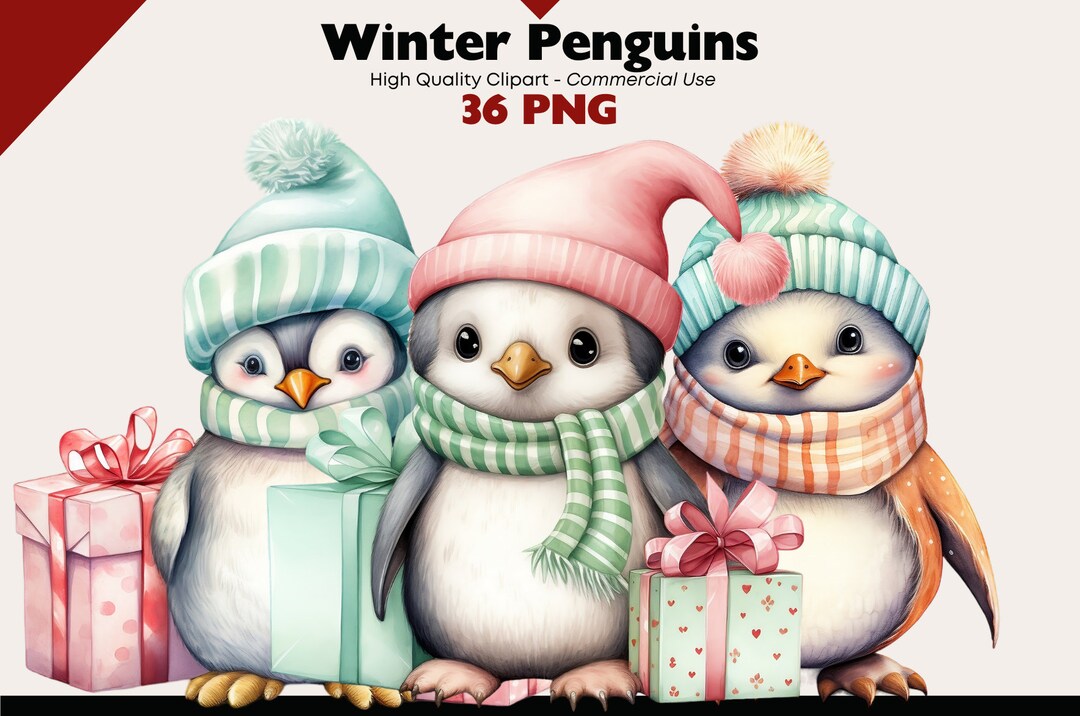 Winter Penguins Clipart, Penguin Characters With Christmas Hats ...