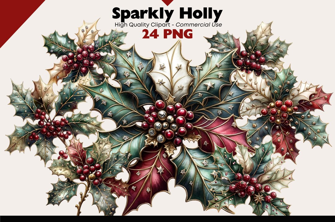 Watercolor Christmas Holly Clipart Bundle Traditional Winter Graphics ...