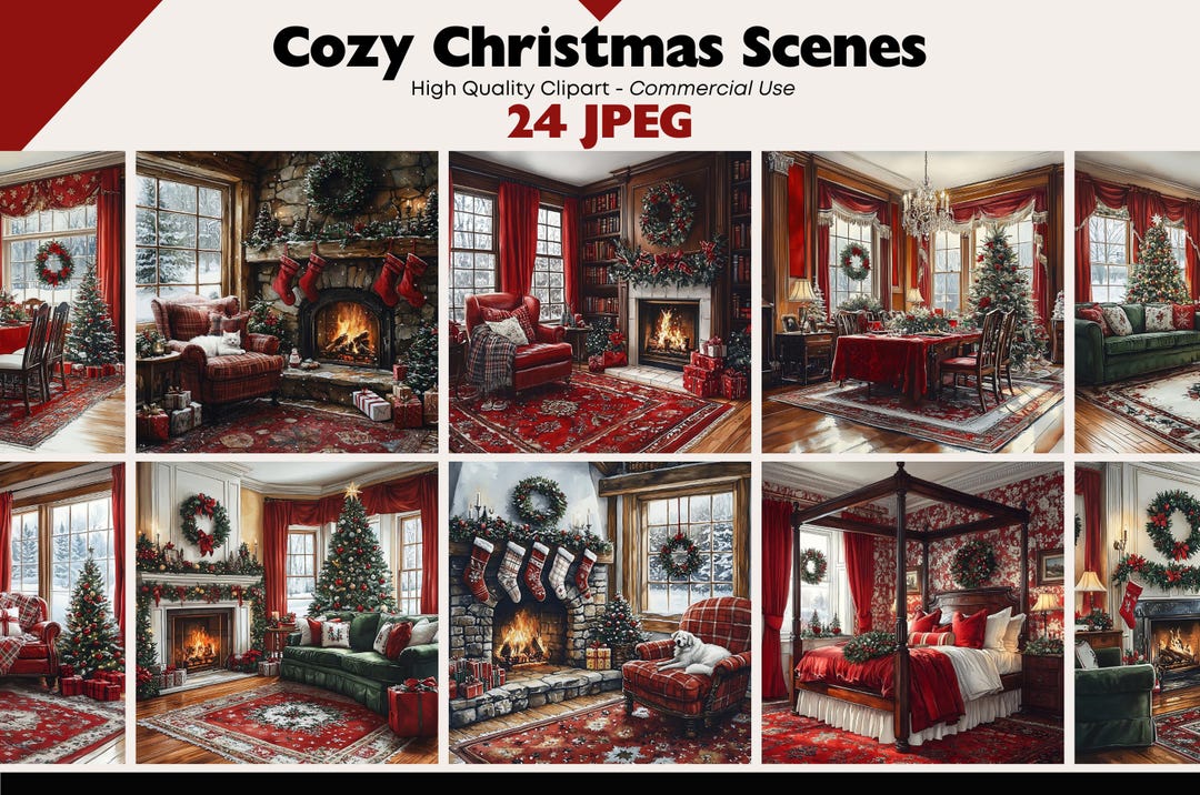 Cozy Christmas Scenes Clipart Bundle Warm Fireplace Graphics Digital ...