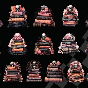 Creepy Stack of Books Clipart Bundle, Skeleton Book Watercolor, Book ...