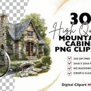 Rustic Mountain Cabins Clipart Bundle, Forest Cottage Watercolor, Stone House Printables ...