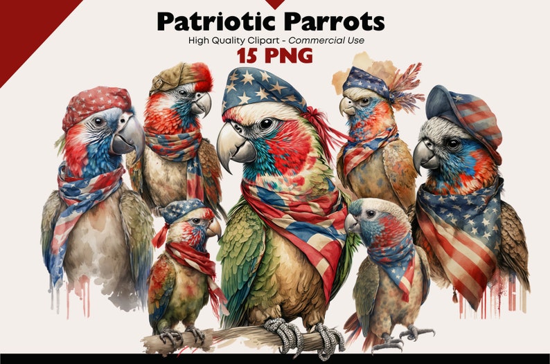 Parrot Clipart Bundle, Patriotic Parrot PNG, Exotic Bird Graphics ...