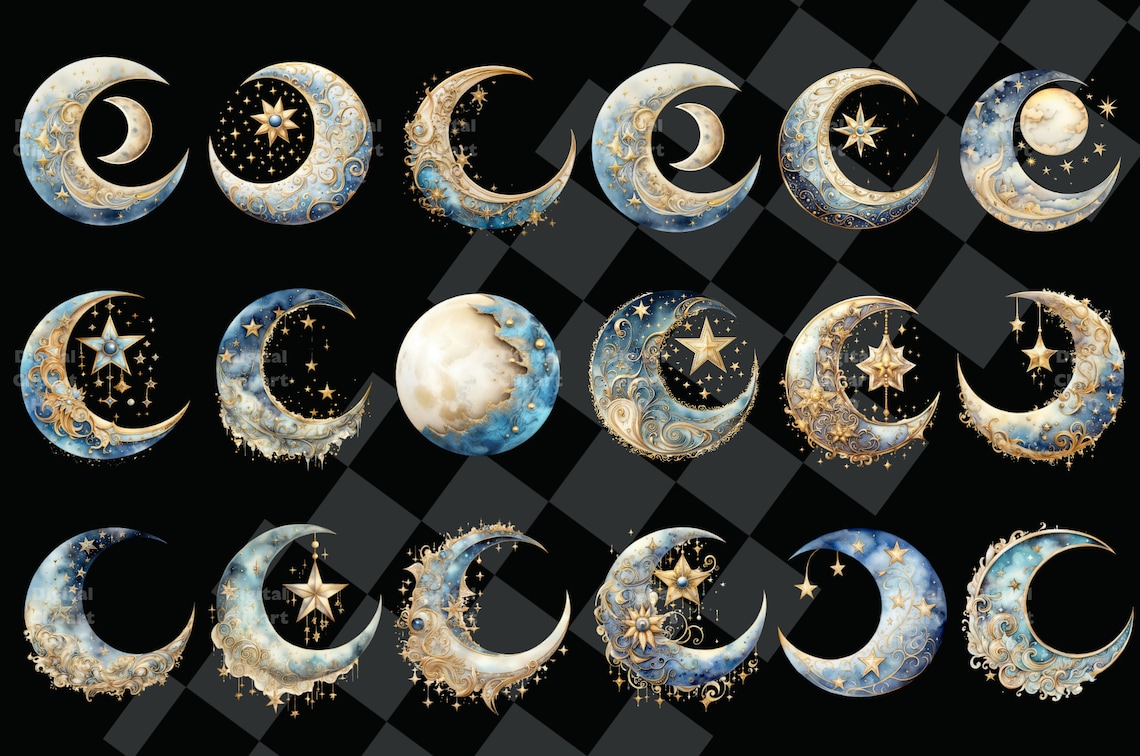 Blue Moon Clipart Set Whimsical Moon Wall Art Silver Moon - Etsy