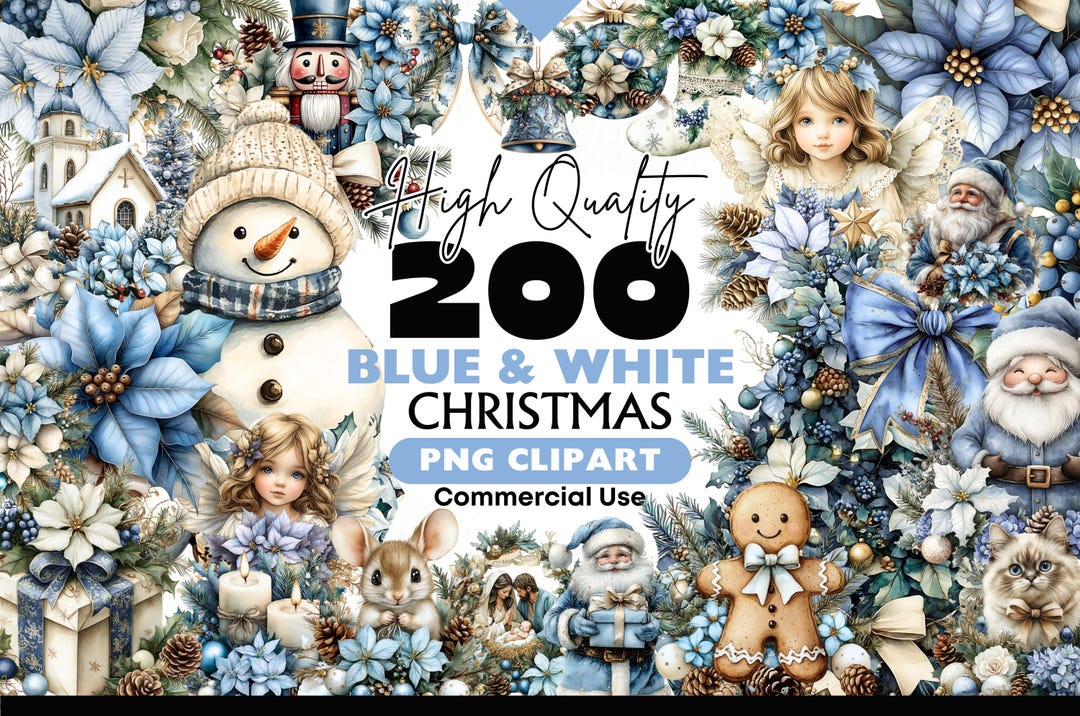 Blue White Christmas Clipart Bundle Holiday Winter Graphics High ...