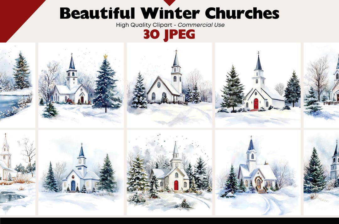 Winter Church Clipart Bundle Snowy Landscape Graphics Digital Download ...