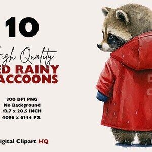 Rainy Raccoon Clipart Bundle, Watercolor Red Raincoat Clipart Graphics ...