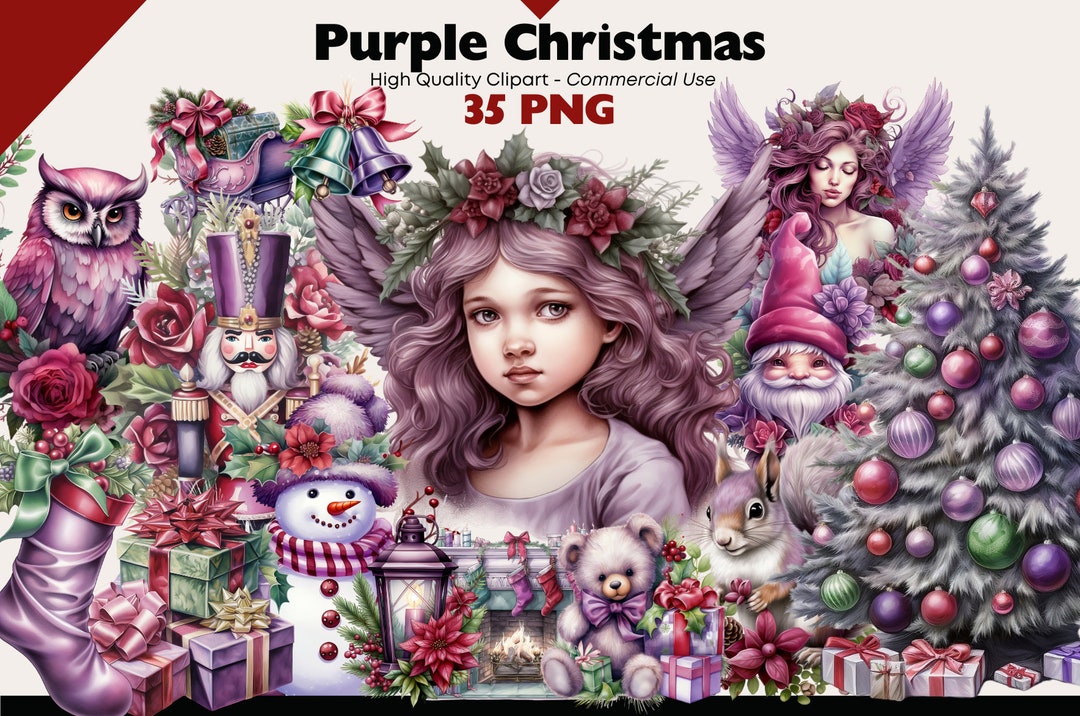 Purple Christmas Clipart Bundle, Watercolor Christmas PNG, Violet ...