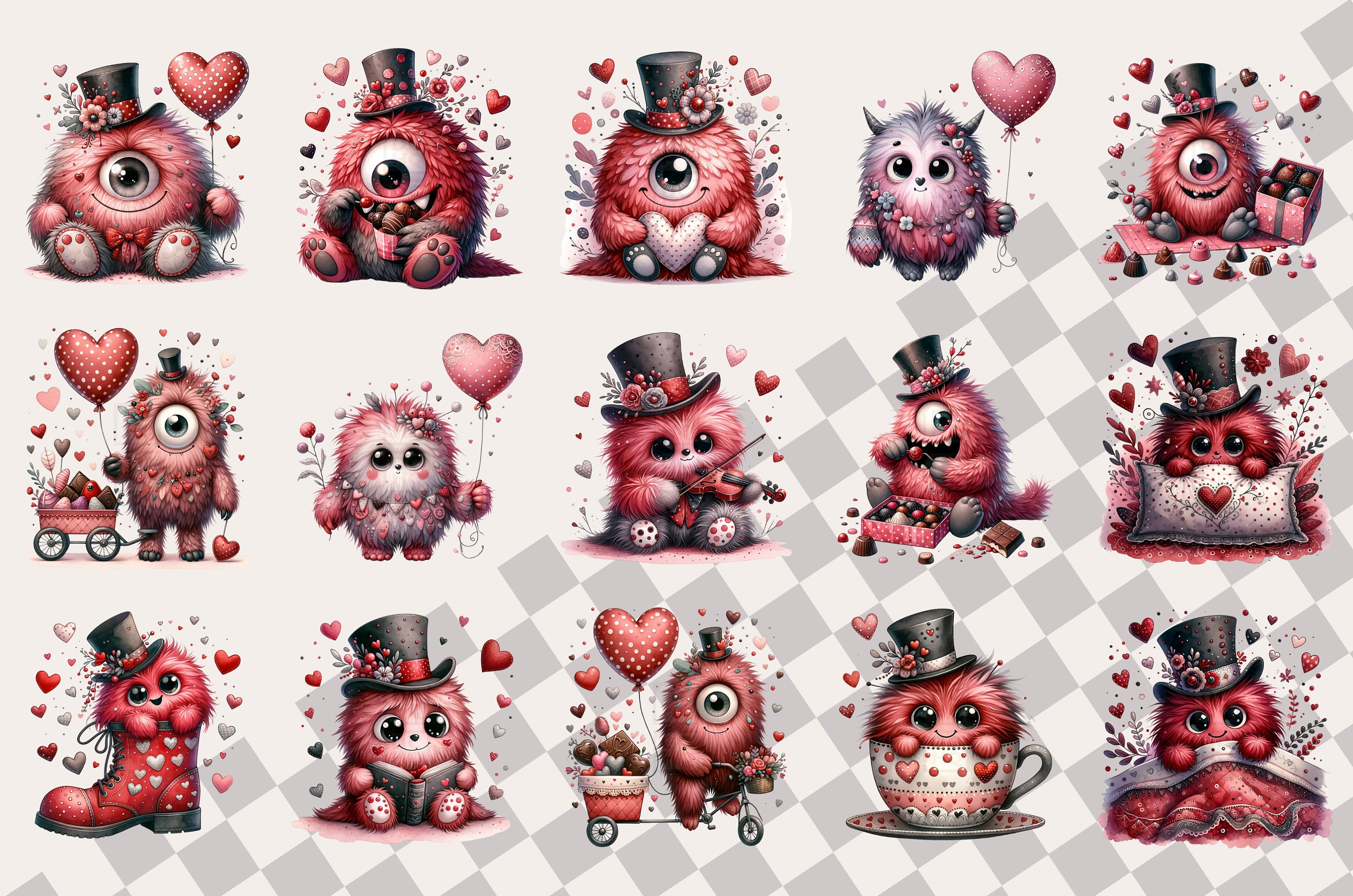 Love Monsters Clipart Bundle Cute Valentines Day Watercolor Graphics ...