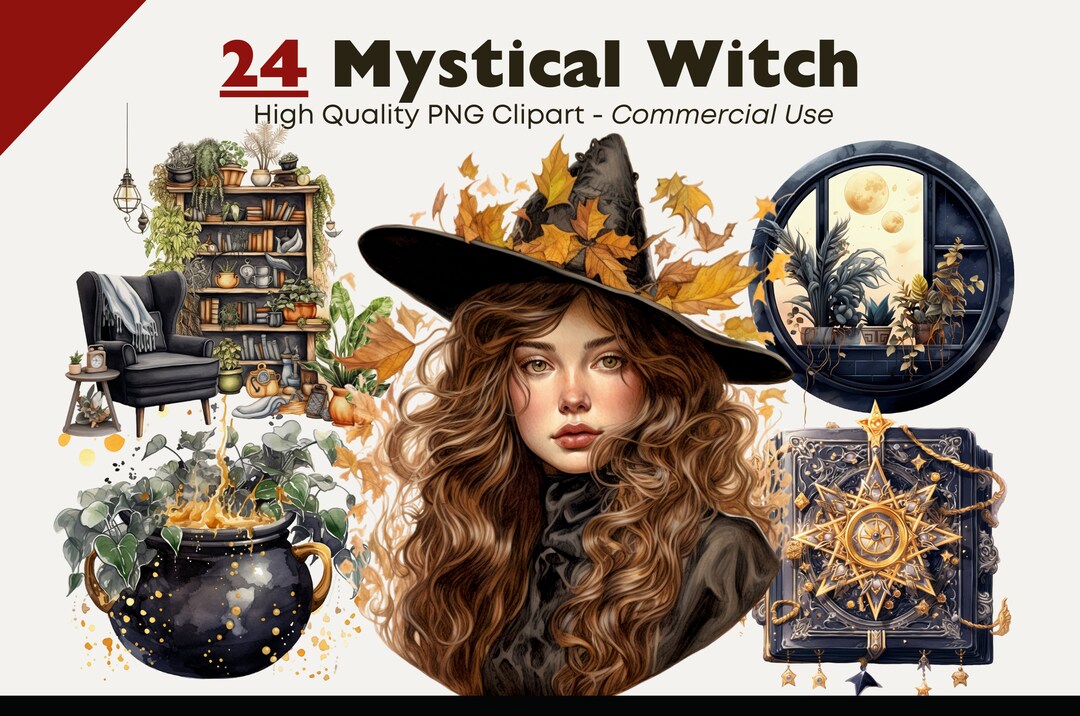 Mystical Witch Clipart Bundle, Magical Witch PNG, Watercolor Clipart ...