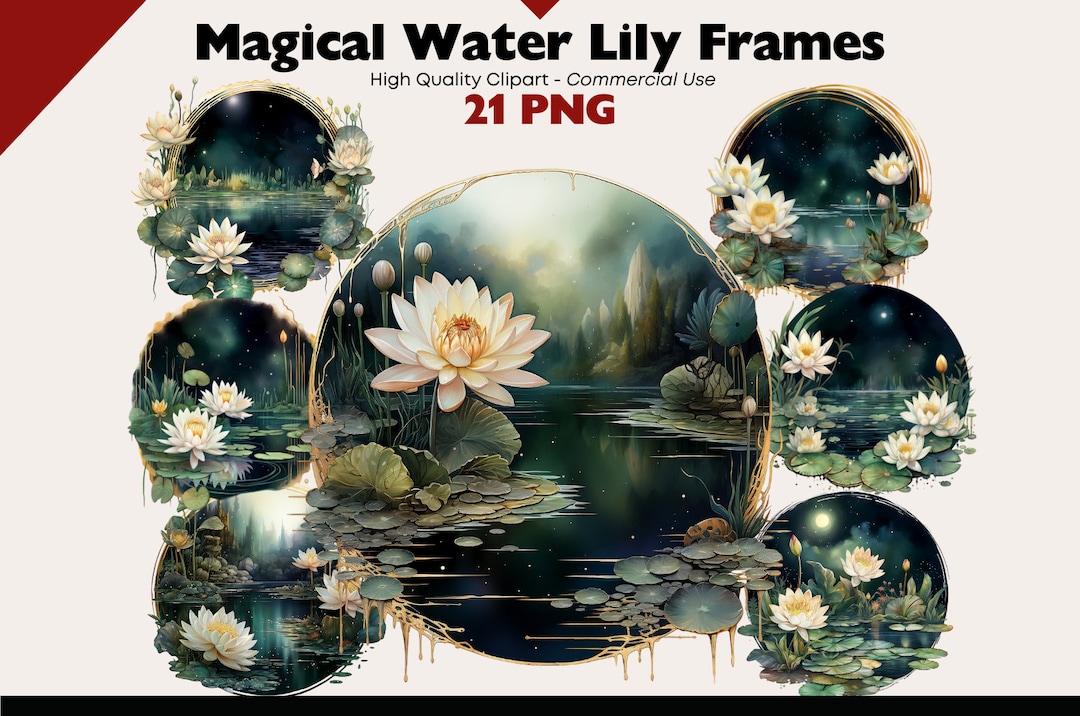Magical Water Lily Frame Clipart Bundle, Fantasy Waterlily Pond PNG ...