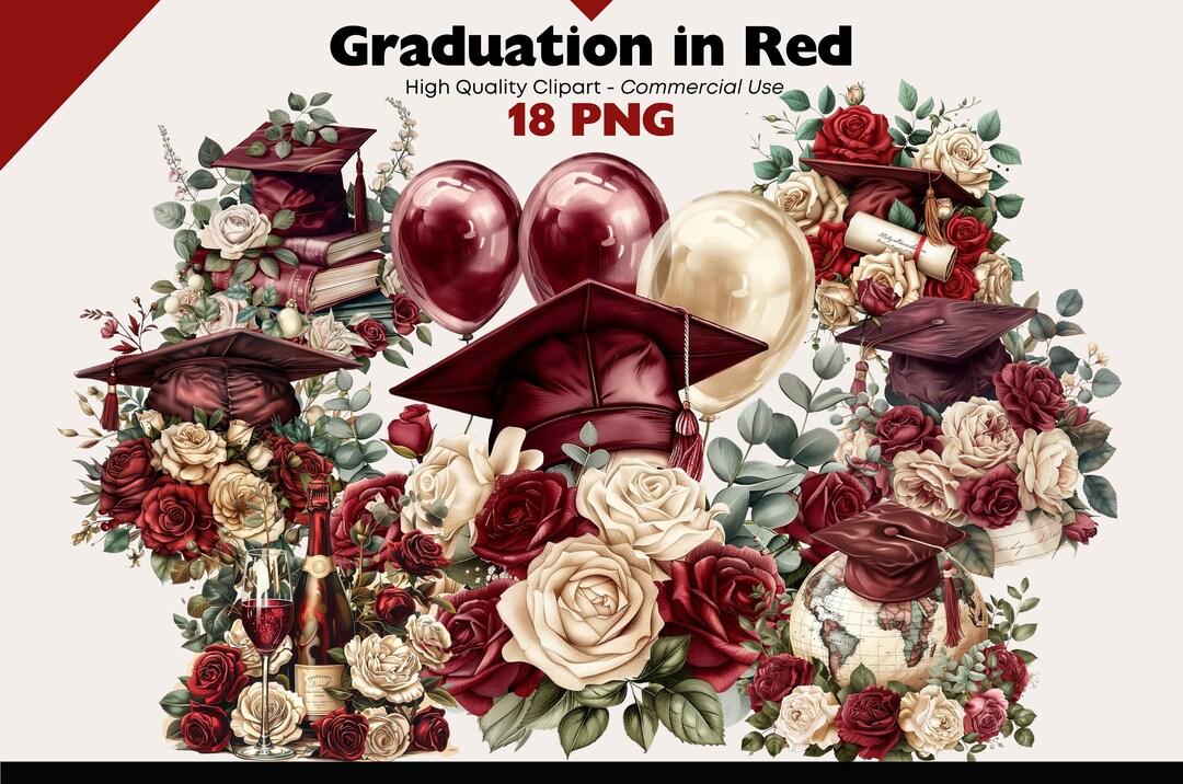 Red Graduation Clipart Bundle, Academic Diploma Watercolor Graphics ...