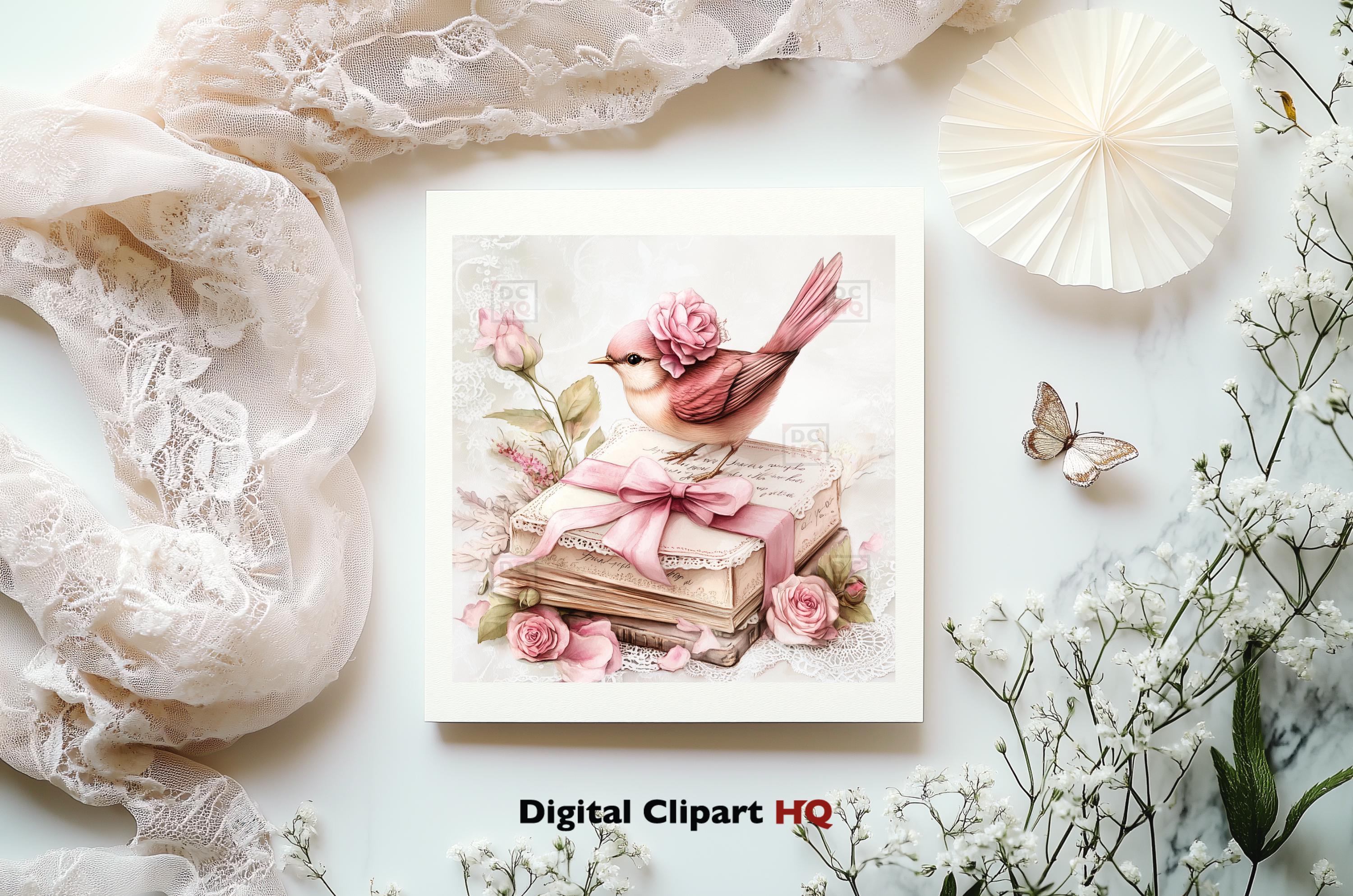 Vintage Pink Birds Clipart JPEG, Romantic Bird Graphics, Shabby Chic ...