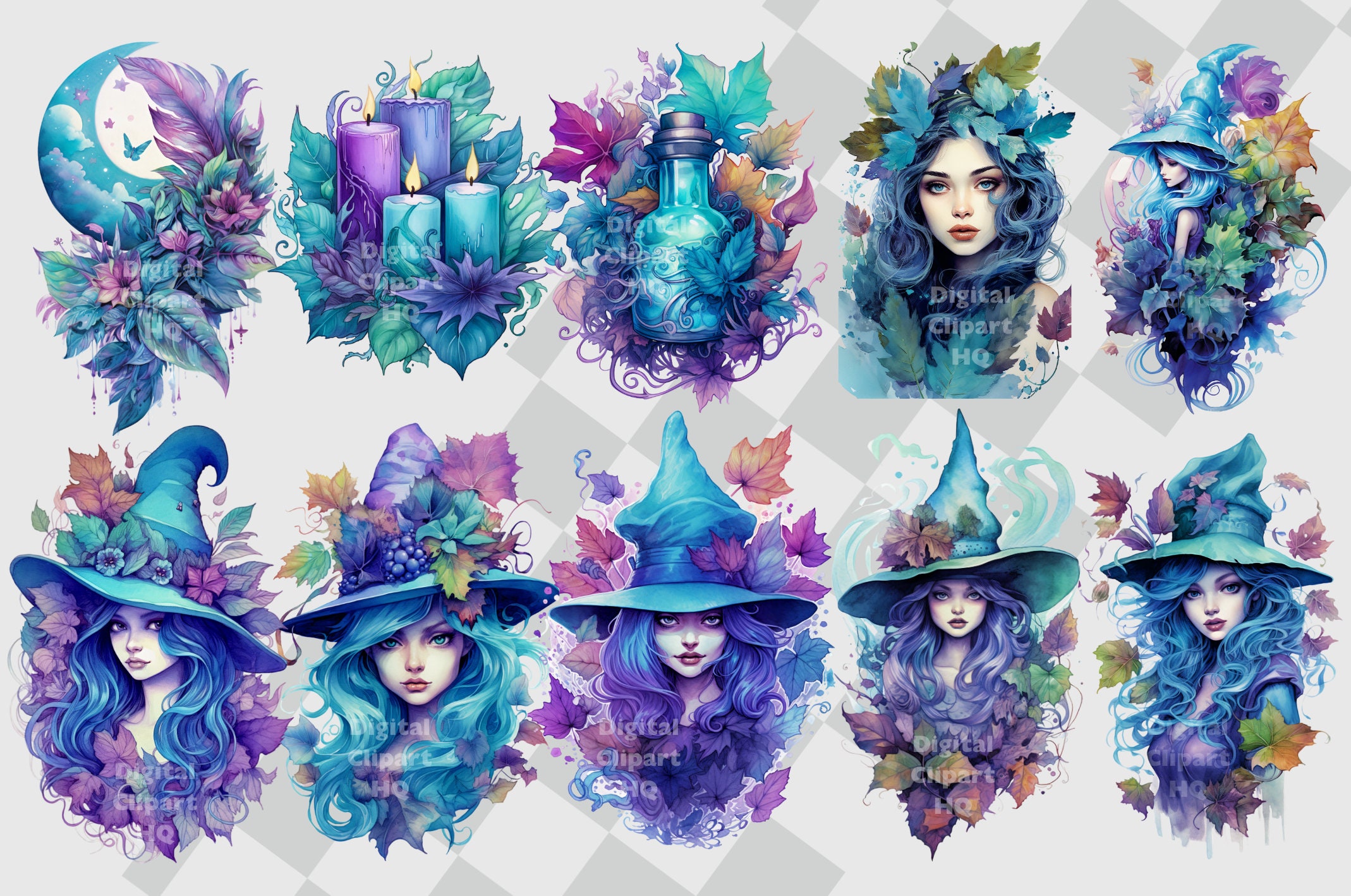 Whimsical Blue Witch Clipart Bundle, Forest Witch PNG, Watercolor ...