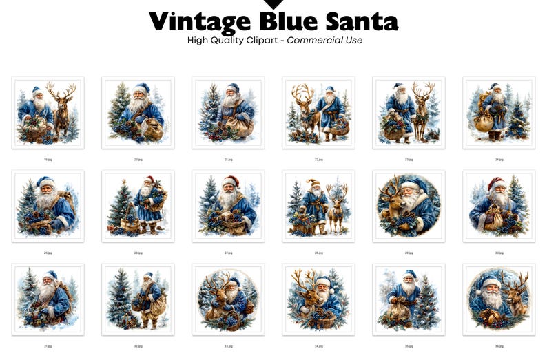 Blue Santa With Reindeer Clipart Bundle Snowy Landscapes Graphics ...